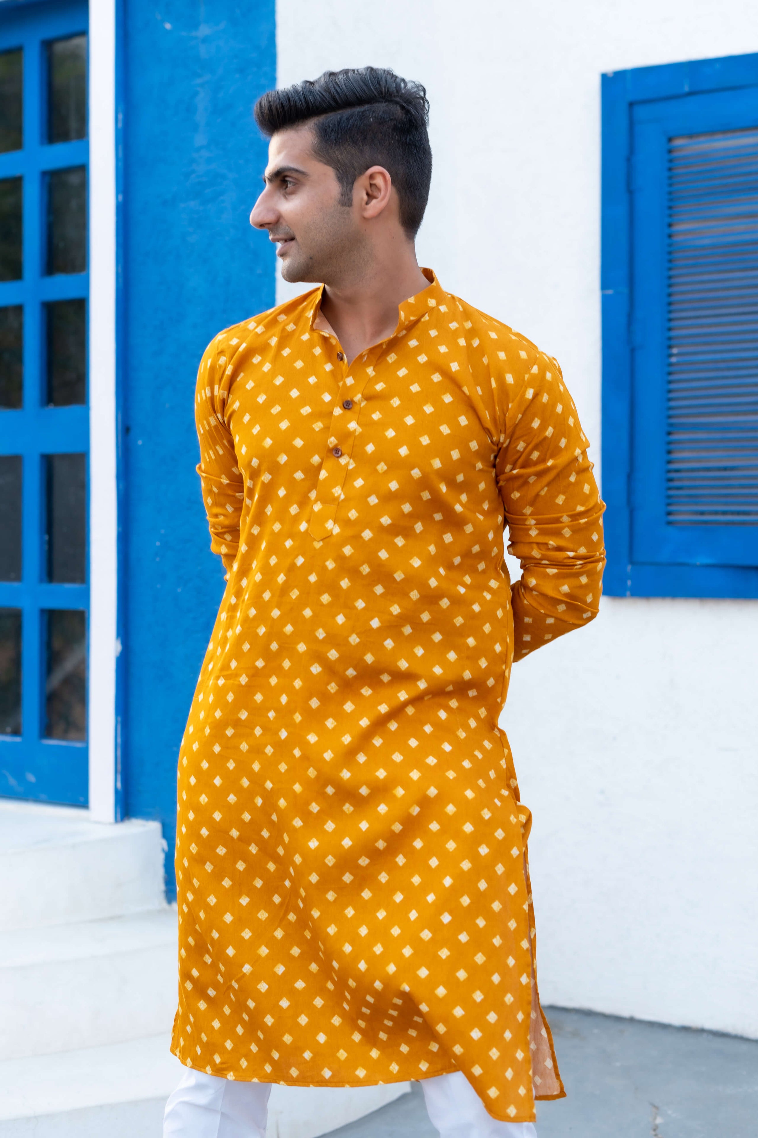 The Deep Yellow Long Kurta With Square All-Over Print – Shasak