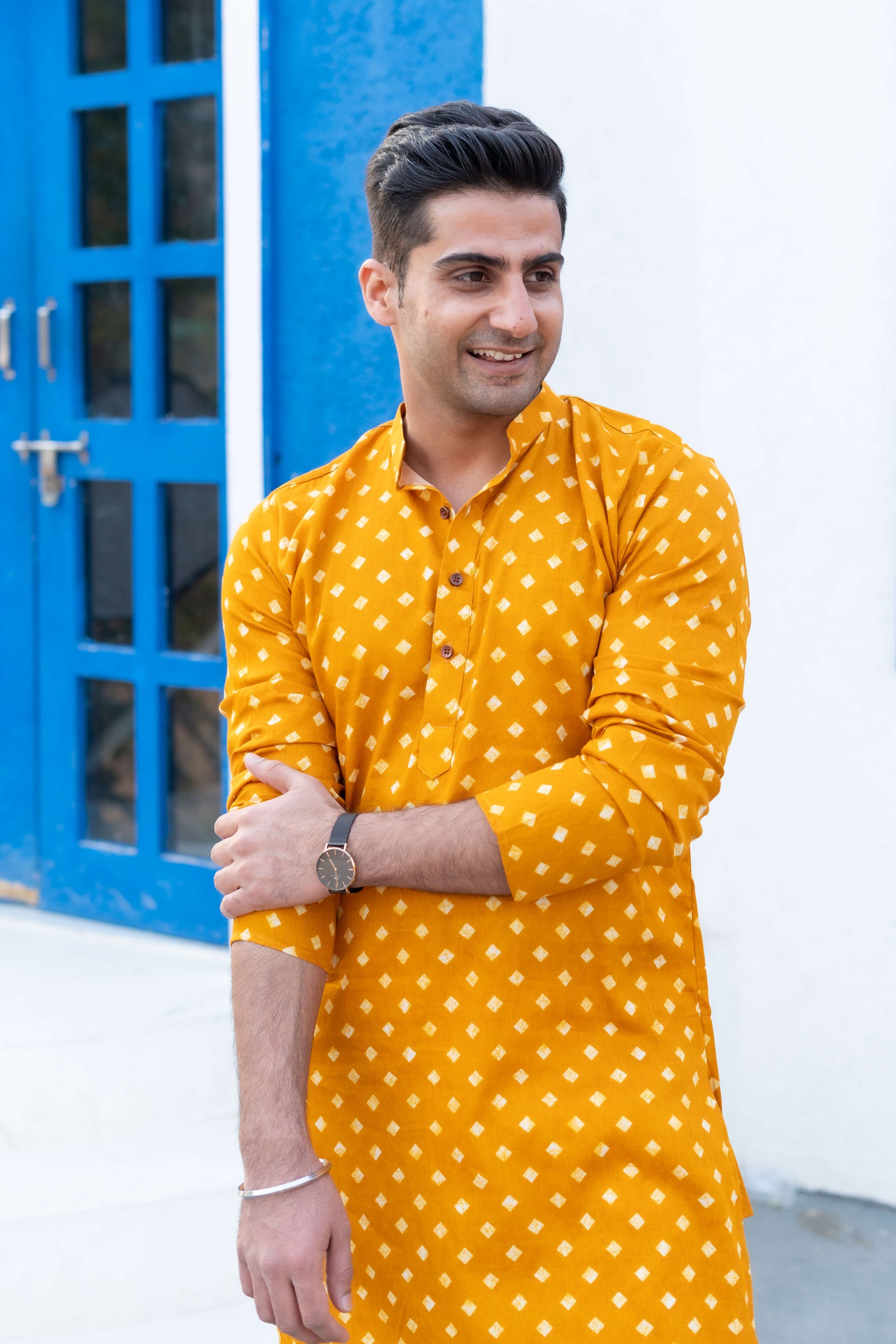 The Deep Yellow Long Kurta With Square All-Over Print – Shasak