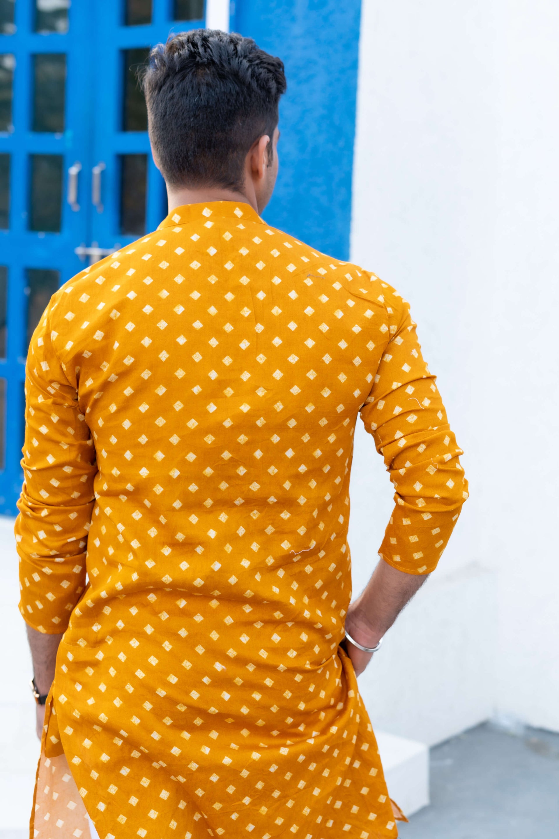 The Deep Yellow Long Kurta With Square All-Over Print – Shasak