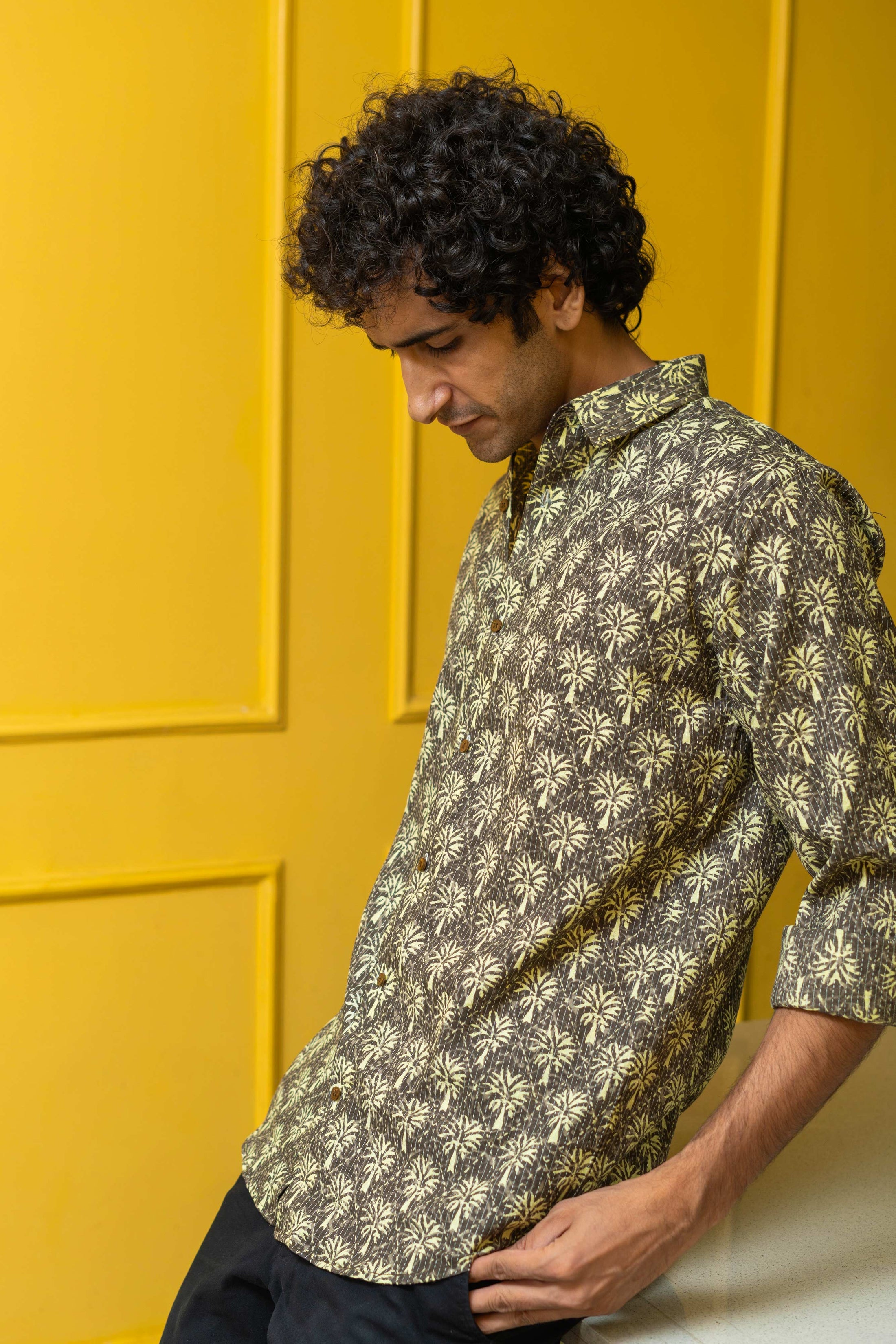 The Grey Palm Tree Print Shirt With Kantha Work – Shasak